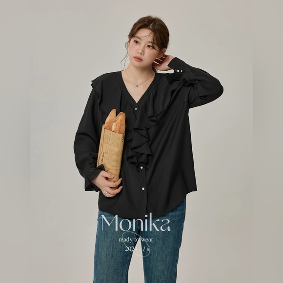 Tops | Black Ruffle Front Blouse With Pearl Button Details Romantic ...